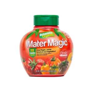 dynamite mater magic - organic tomato fertilizer for bigger, juicier tomatoes and vegetables, omri listed, nitrogen and calcium-rich plant food - .675 pound container with shaker lid