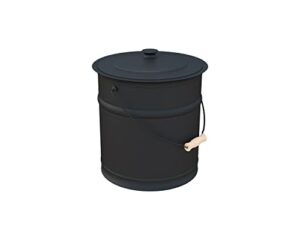 plow & hearth 3 gallon black large ash bucket with lid and wood handle | 28 gauge galvanized iron metal | double bottom | tool for fireplaces fire pits wood burning stoves | hearth accessories