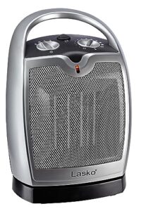 lasko oscillating ceramic tabletop space heater for home with adjustable thermostat, carrying handle, 2 speeds and fan only mode, 11.6 inches, silver, 5409