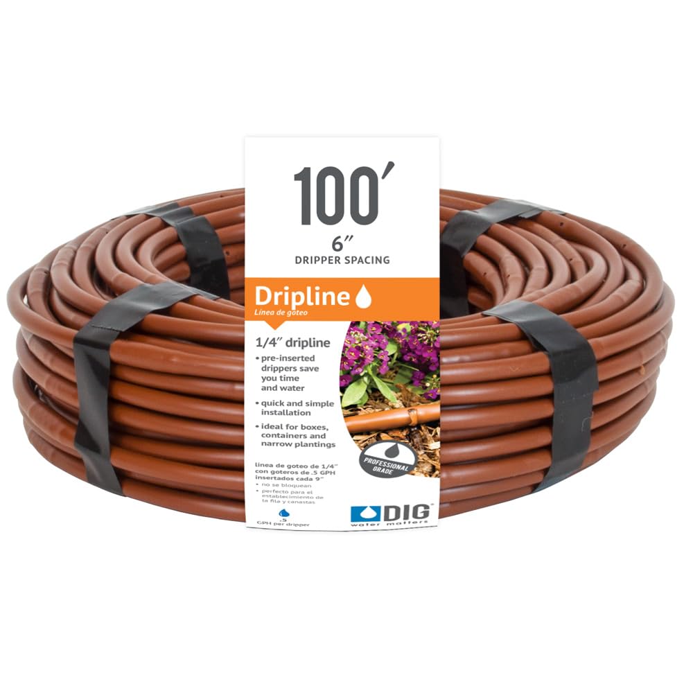 DIG ¼” 100’ MICROLINE™ Dripline - Enhanced 6” Emitter Spacing, UV-Resistant, Perfect for Diverse Garden Layouts (Brown) SHB106