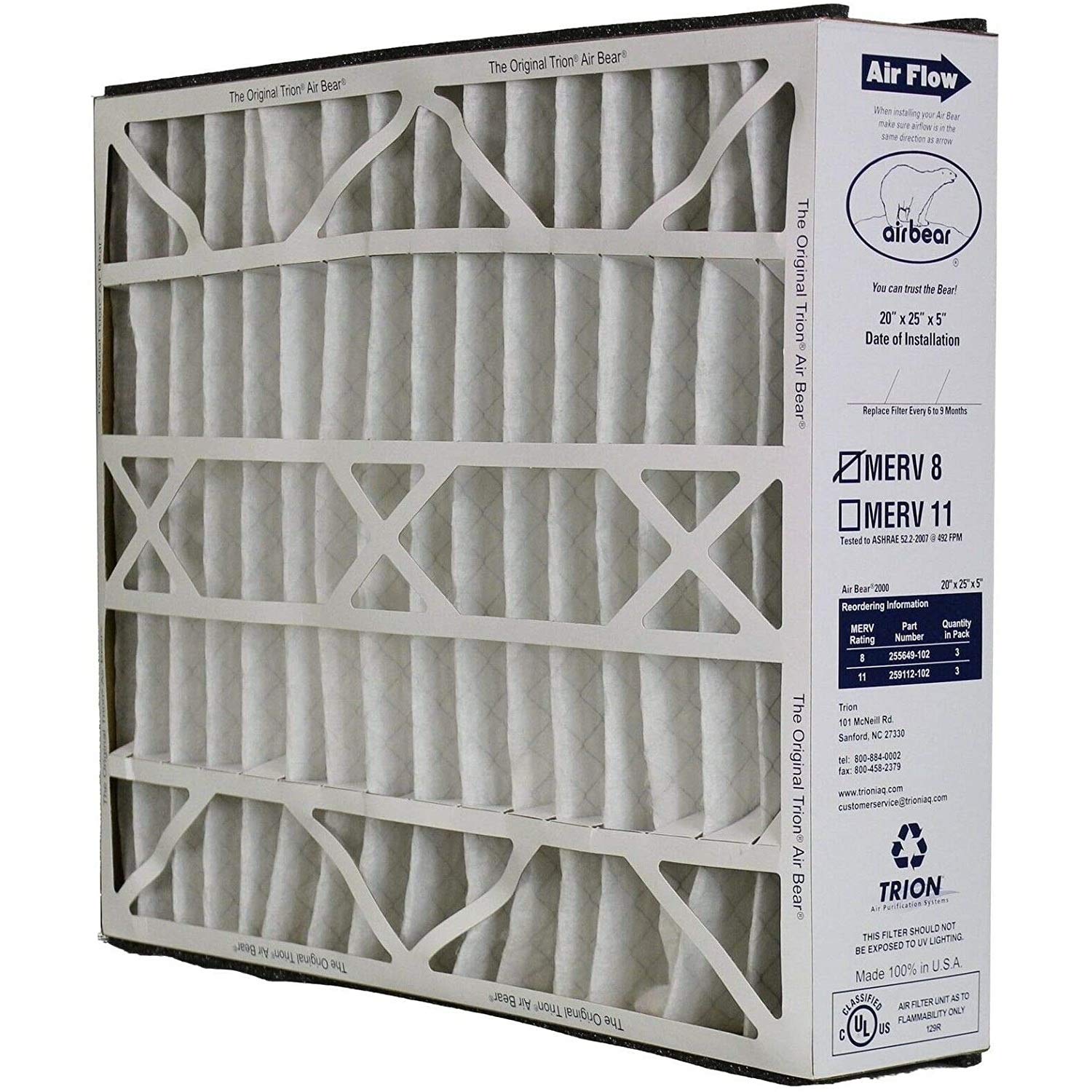 Trion 255649-102 Air Bear 20 x 25 x 5 Inch MERV 8 High Performance Air Purifier Filter Replacement for Air Bear Supreme, Right Angle, and Cub Air Cleaner Purification Systems (1 Pack)