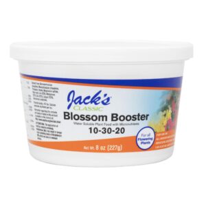 jack's classic 10-30-20 blossom booster water-soluble fertilizer with micronutrients for increasing color and quantity of blooms in flowering plants, 8oz