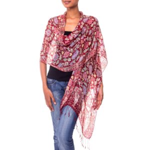 novica artisan handmade | 100% silk batik shawl artisan wrap red shawl | lightweight silk shawl | handmade silk batik shawl | travel silk shawl | silk scarf for women | patterned floral wine garden