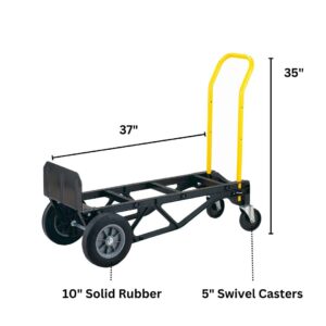 Harper Trucks PGDY8635P 700 lb Capacity Glass Filled Nylon Convertible Hand Truck and Dolly with 10" Flat-Free Solid Rubber Wheels,Black with Yellow Handle