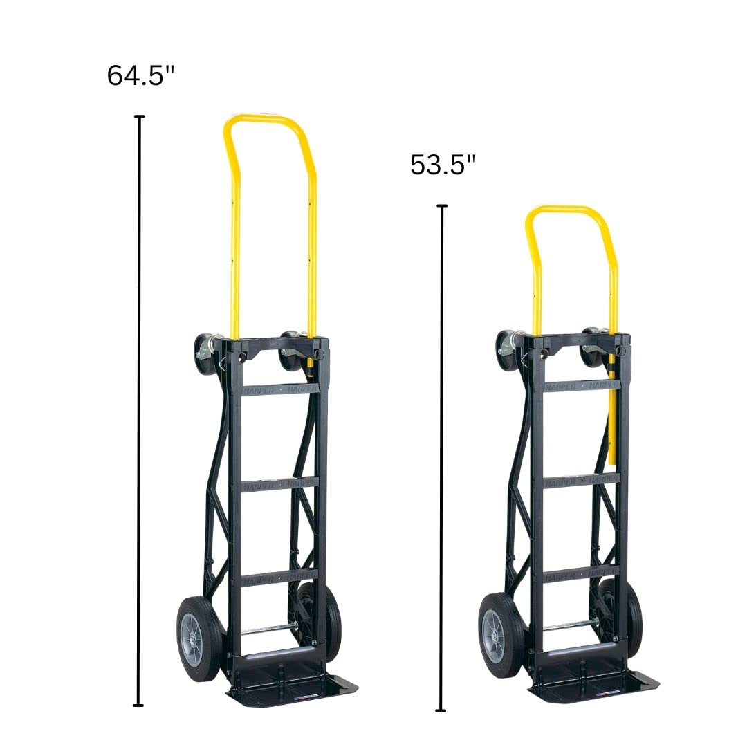 Harper Trucks PGDY8635P 700 lb Capacity Glass Filled Nylon Convertible Hand Truck and Dolly with 10" Flat-Free Solid Rubber Wheels,Black with Yellow Handle