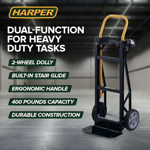 Harper Trucks Heavy Duty Nylon Frame Convertible Hand Truck Dolly Cart with Adjustable Telescopic Frame and Pneumatic Wheels, Black