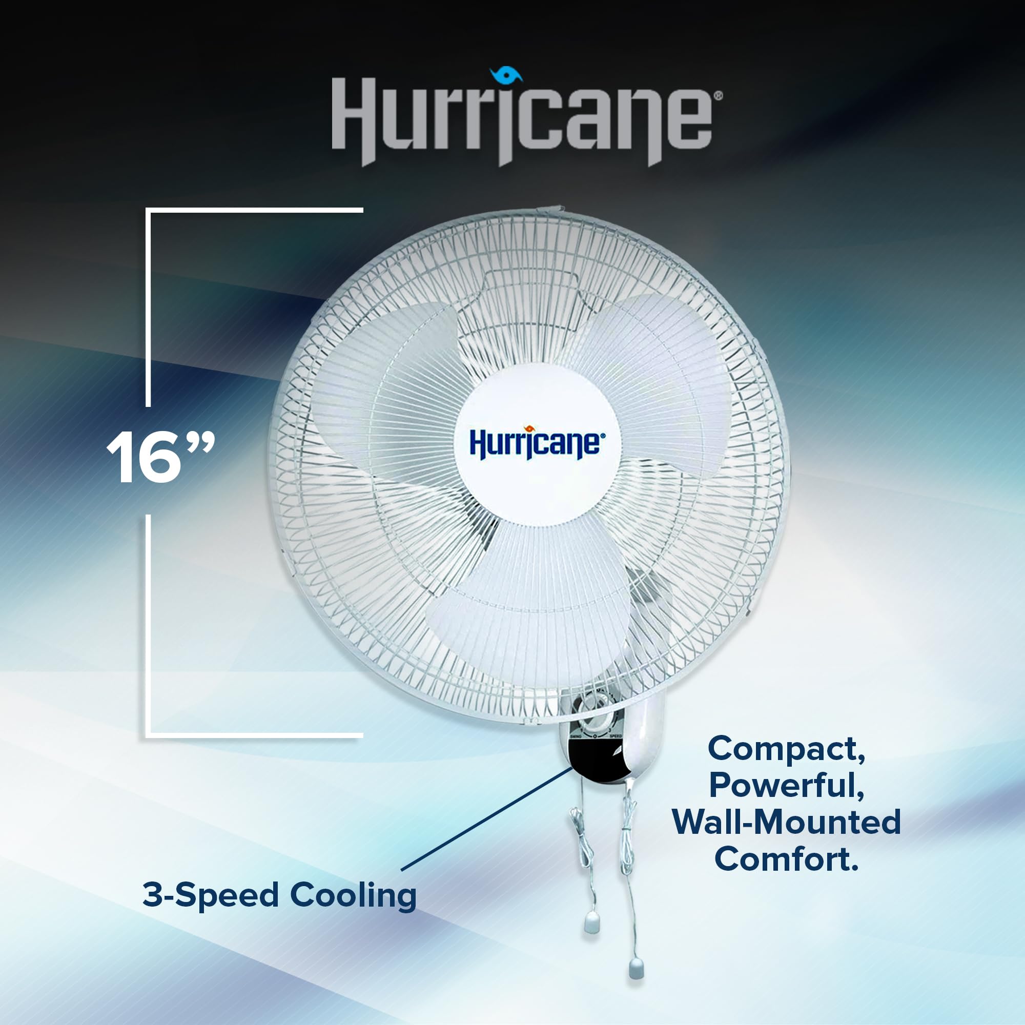 Hurricane Wall-Mount Fan, Quiet 90-Degree Oscillating Fan with 3 Speeds, 16" Classic