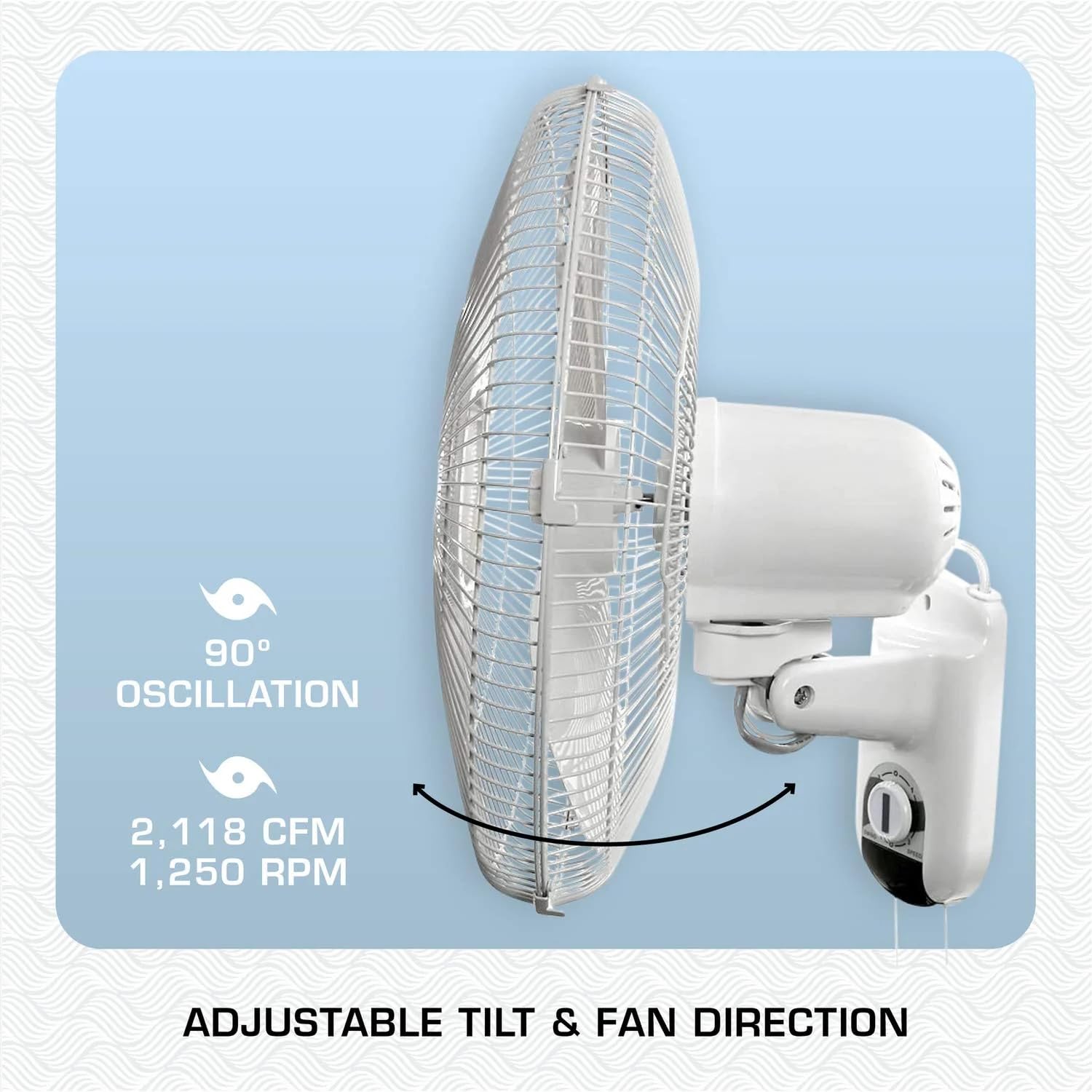 Hurricane Wall-Mount Fan, Quiet 90-Degree Oscillating Fan with 3 Speeds, 16" Classic