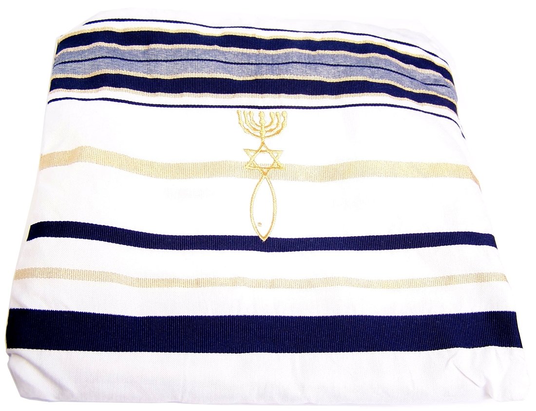 Holy Land Market Mens Messianic Shawl/Tallit - The Messiah Tallit Navy Blue/Gold