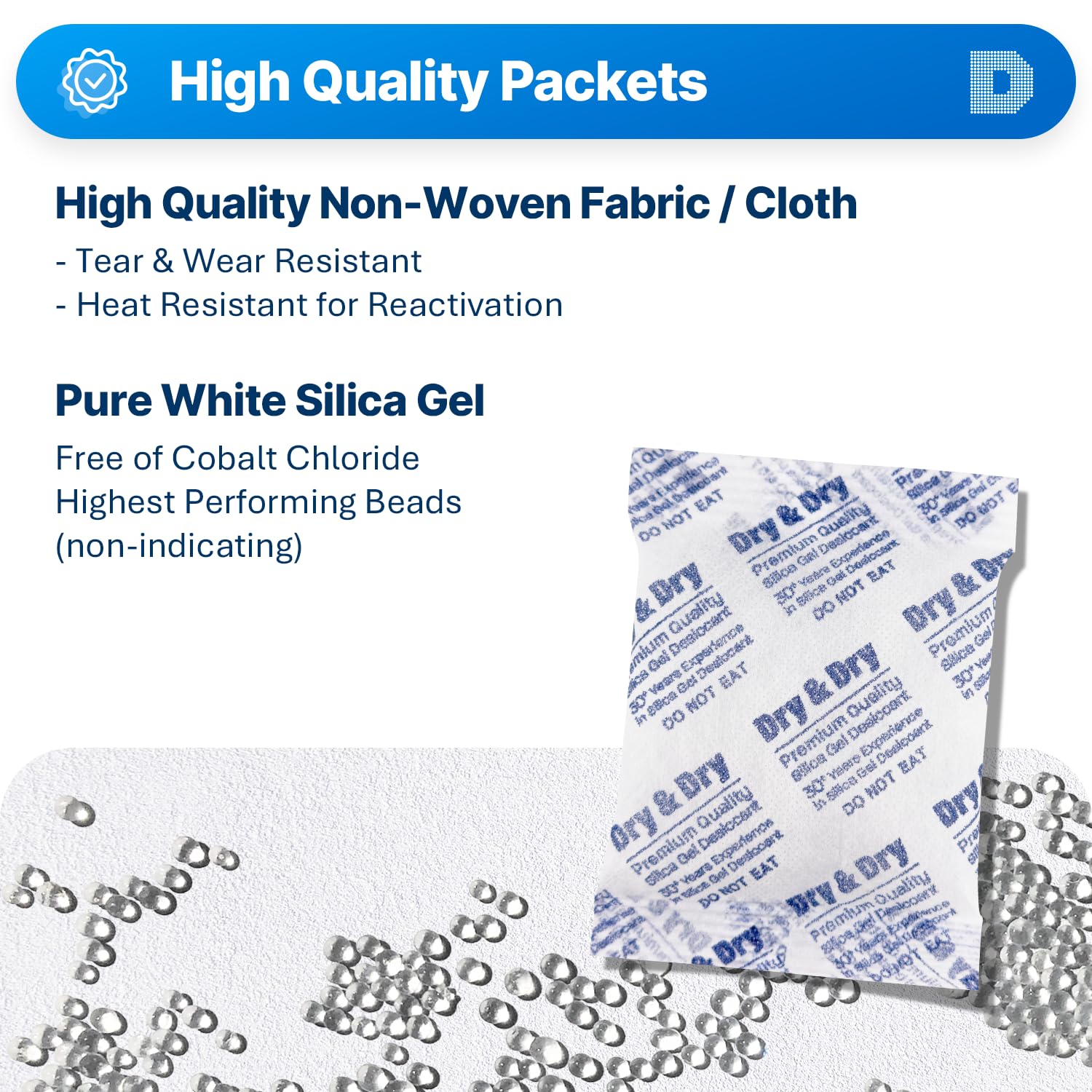 Dry & Dry 50 Gram [10 Packets] Silica Gel Packets Desiccants, Silica Packets - Rechargeable Silica Gel Packs, Moisture Absorbers, Desiccants Packets, Silica Gel