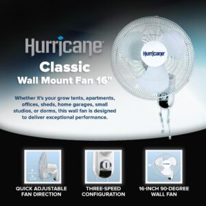 Hurricane Wall-Mount Fan, Quiet 90-Degree Oscillating Fan with 3 Speeds, 16" Classic