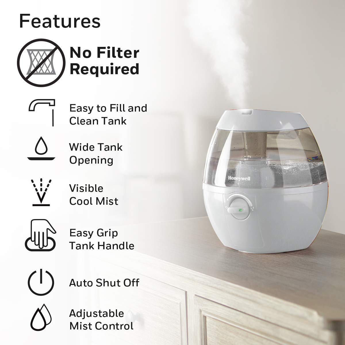 Honeywell HUL520W MistMate Ultrasonic Cool Mist Humidifier, White – Cool Mist Humidifier for Bedroom, Home or Office