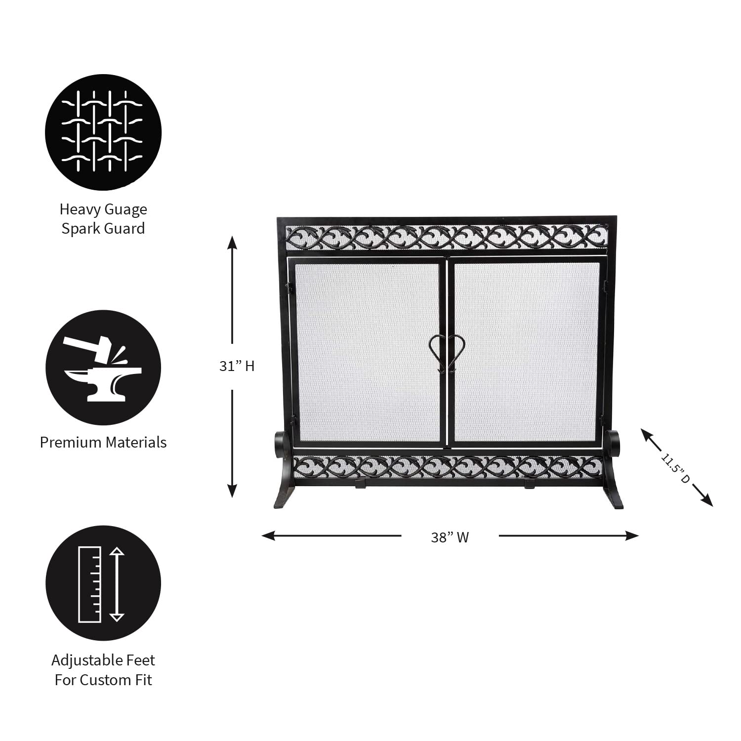 Plow & Hearth Metal Fireplace Screen Scrollwork Black | 38" W x 31½"H | 2 Door | Spark Guard Grate | Fire Place Cover | Wood Burning Stove Accessories