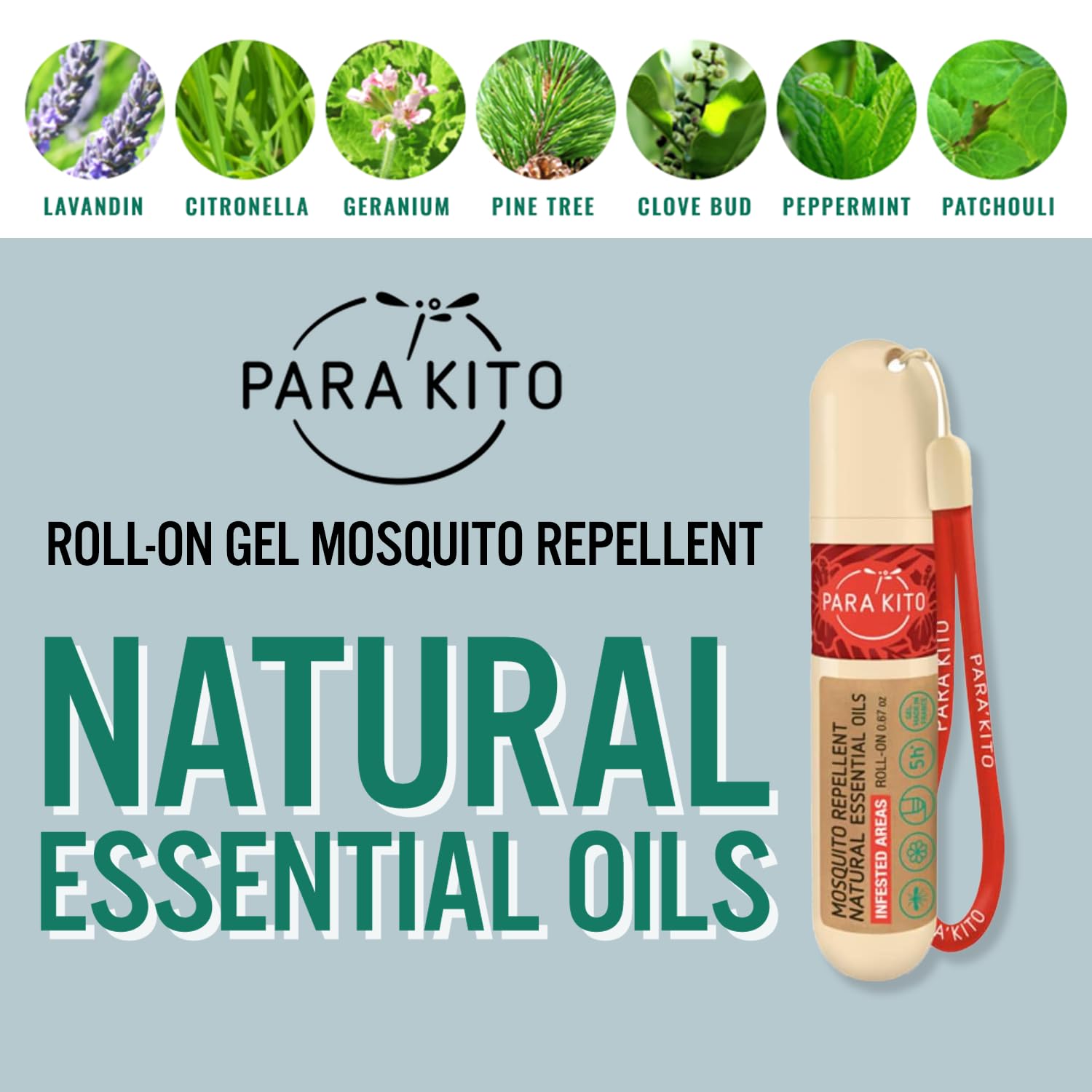 PARAKITO Roll-on Gel Mosquito Repellent for Kids & Adults | w/Vitamin E & Citronella Oil | Travel Size Bug Repellent for Hiking & Camping Accessories | DEET-Free Protection (0.67 oz)