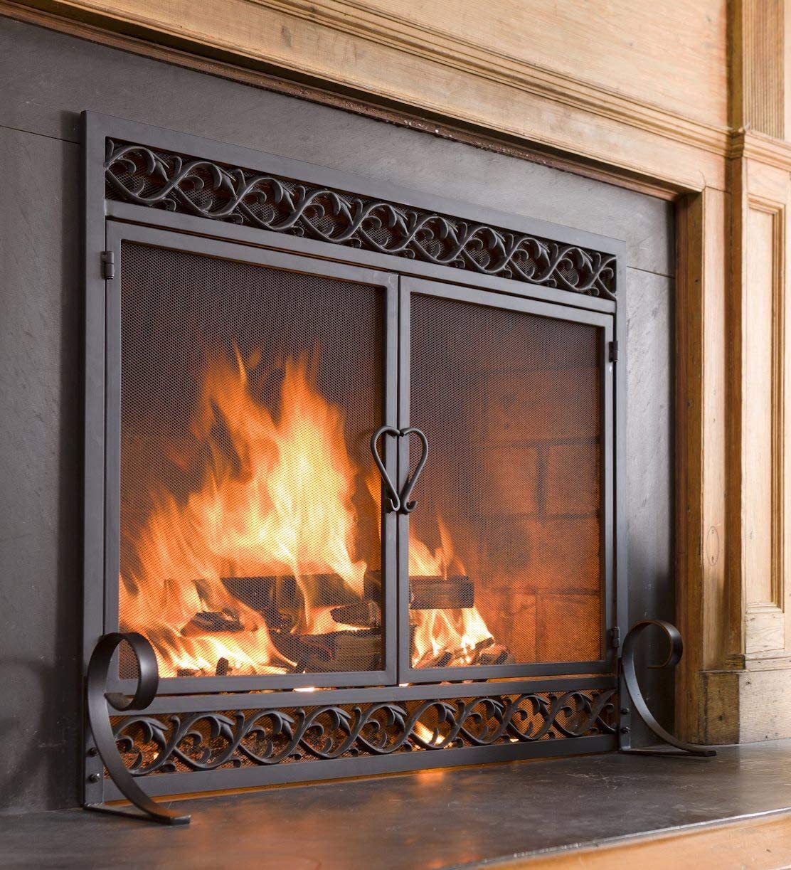 Plow & Hearth Metal Fireplace Screen Scrollwork Black | 38" W x 31½"H | 2 Door | Spark Guard Grate | Fire Place Cover | Wood Burning Stove Accessories