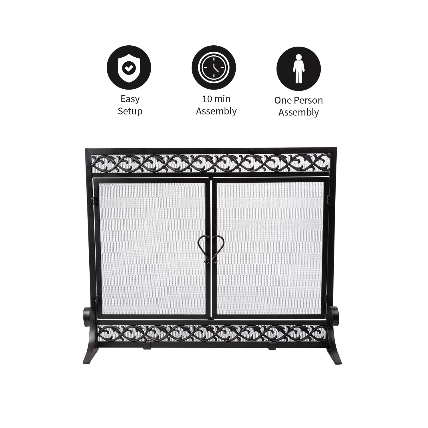 Plow & Hearth Metal Fireplace Screen Scrollwork Black | 38" W x 31½"H | 2 Door | Spark Guard Grate | Fire Place Cover | Wood Burning Stove Accessories