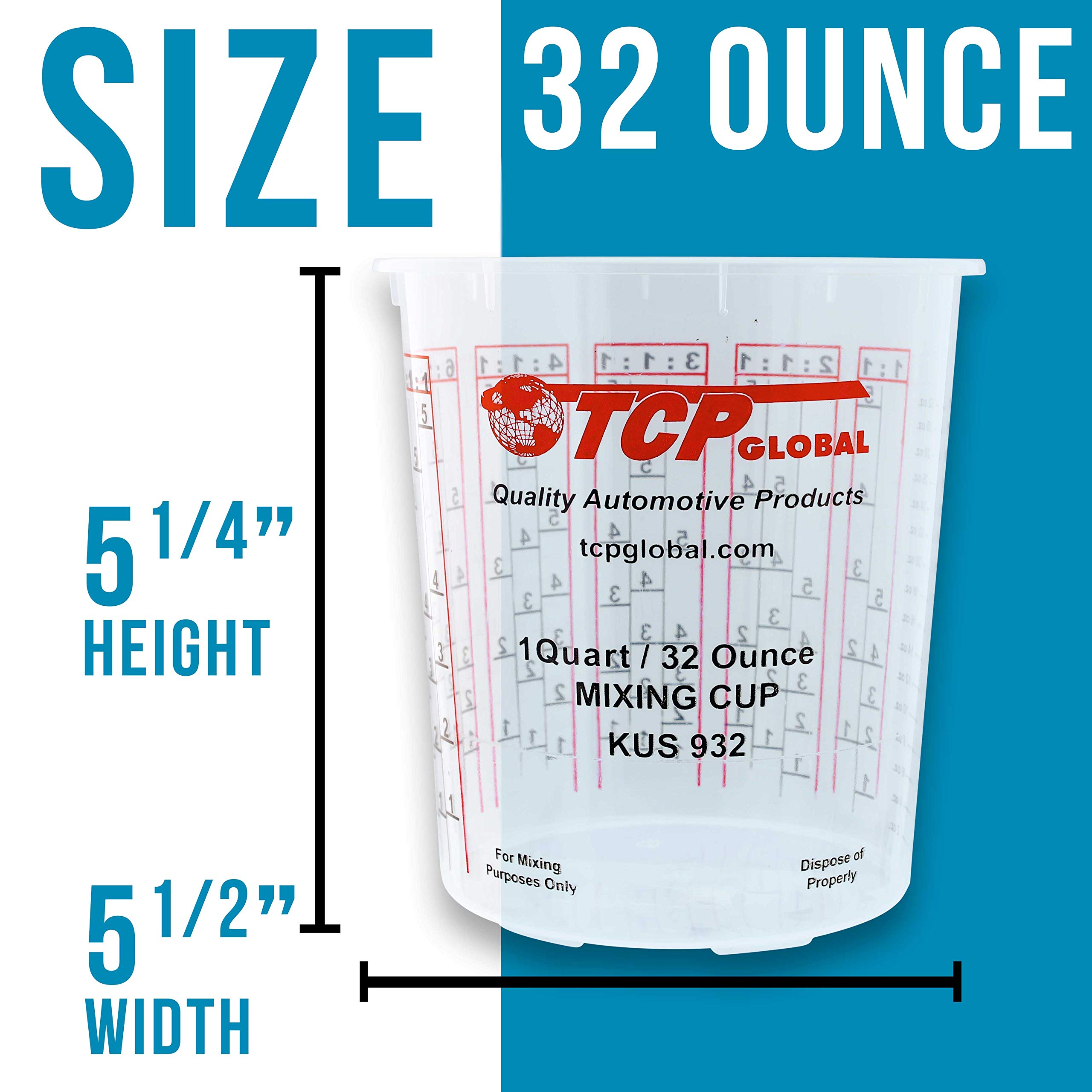 (Full Case of 100 each - Quart (32oz) PAINT MIXING CUPS) by Custom Shop - Cups are Calibrated with Multiple Mixing Ratios (1-1) (2-1) (3-1) (4-1) (8-1) BOX of 100 Cups includes 12 bonus Lids