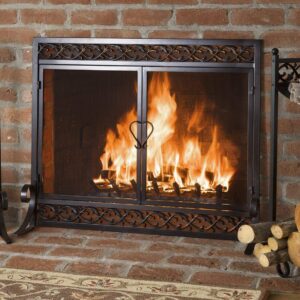 Plow & Hearth Metal Fireplace Screen Scrollwork Black | 38" W x 31½"H | 2 Door | Spark Guard Grate | Fire Place Cover | Wood Burning Stove Accessories