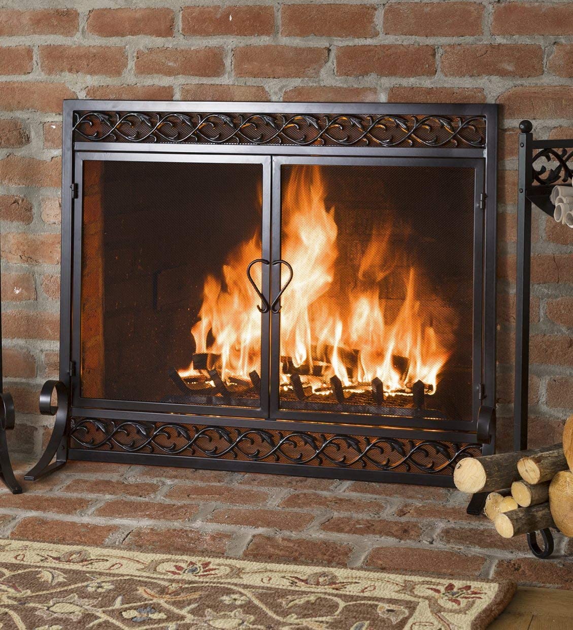 Plow & Hearth Metal Fireplace Screen Scrollwork Black | 38" W x 31½"H | 2 Door | Spark Guard Grate | Fire Place Cover | Wood Burning Stove Accessories