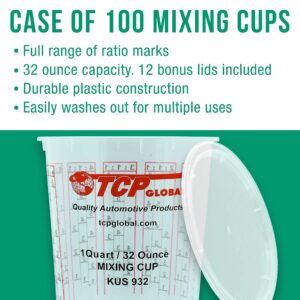 (Full Case of 100 each - Quart (32oz) PAINT MIXING CUPS) by Custom Shop - Cups are Calibrated with Multiple Mixing Ratios (1-1) (2-1) (3-1) (4-1) (8-1) BOX of 100 Cups includes 12 bonus Lids