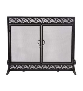 plow & hearth metal fireplace screen scrollwork black | 38" w x 31½"h | 2 door | spark guard grate | fire place cover | wood burning stove accessories