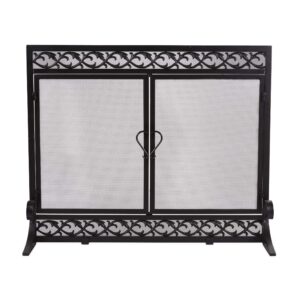 Plow & Hearth Metal Fireplace Screen Scrollwork Black | 38" W x 31½"H | 2 Door | Spark Guard Grate | Fire Place Cover | Wood Burning Stove Accessories