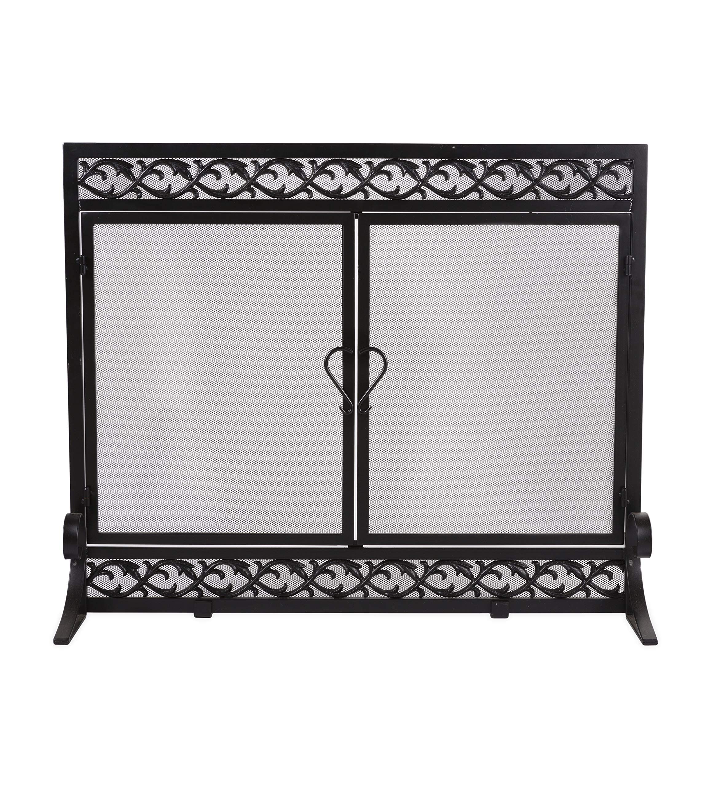 Plow & Hearth Metal Fireplace Screen Scrollwork Black | 38" W x 31½"H | 2 Door | Spark Guard Grate | Fire Place Cover | Wood Burning Stove Accessories