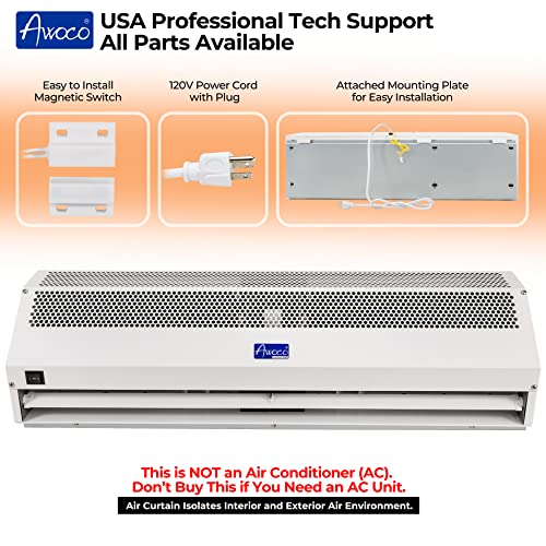 Awoco 36" Super Power 2 Speeds 1200CFM Commercial Indoor Air Curtain, UL Certified, 120V Unheated - Magnetic Door Switch Included