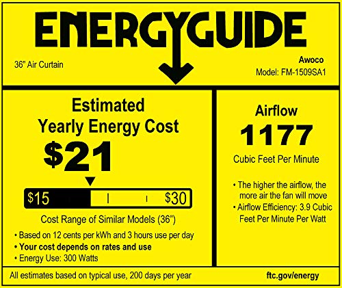 Awoco 36" Super Power 2 Speeds 1200CFM Commercial Indoor Air Curtain, UL Certified, 120V Unheated - Magnetic Door Switch Included