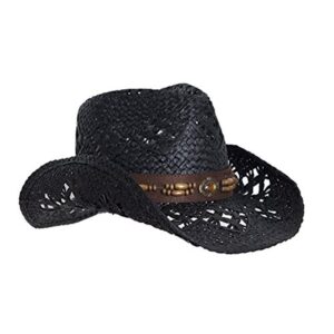 vamuss straw cowboy hat w/vegan leather band & beads, shapeable brim (black)