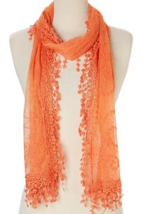 women's lightweight feminine lace teardrop fringe lace scarf vintage scarf mesh crochet tassel cotton scarf for women,one size,orange