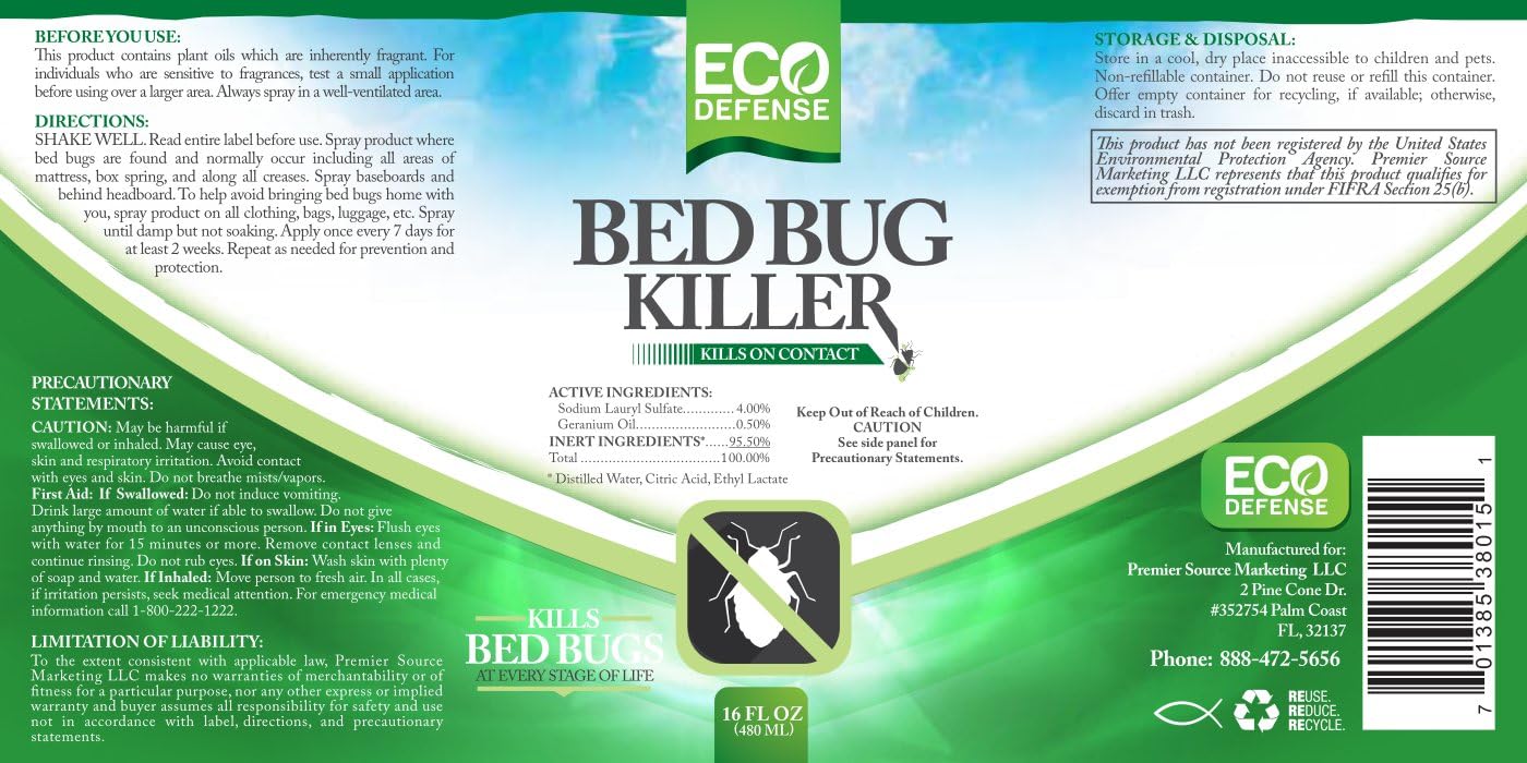 Eco Defense Bed Bug Killer - USDA Biobased, Bed Bug Spray & Dust Mite Spray - Natural Repellent Treatment - 16 oz