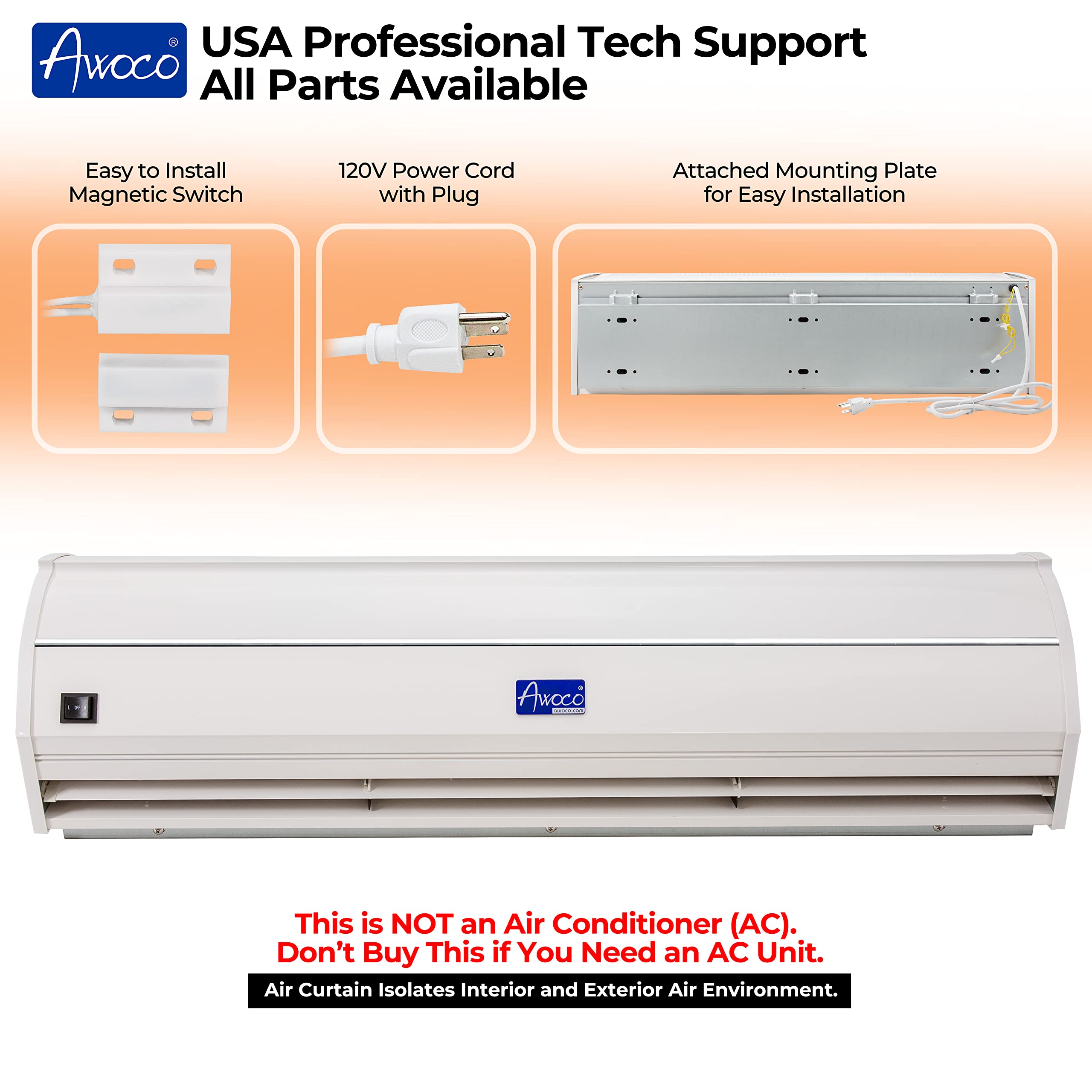 Awoco 36" Elegant 2 Speeds 900CFM Commercial Indoor Air Curtain, UL Certified, 120V Unheated - Magnetic Door Switch Included