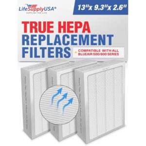 lifesupplyusa true hepa filter replacement compatible with blueair all 500/600 series purifiers 501, 503, 505, 510, 550e, 555eb, 601, 603, 605, 650e air purifier (3-pack)