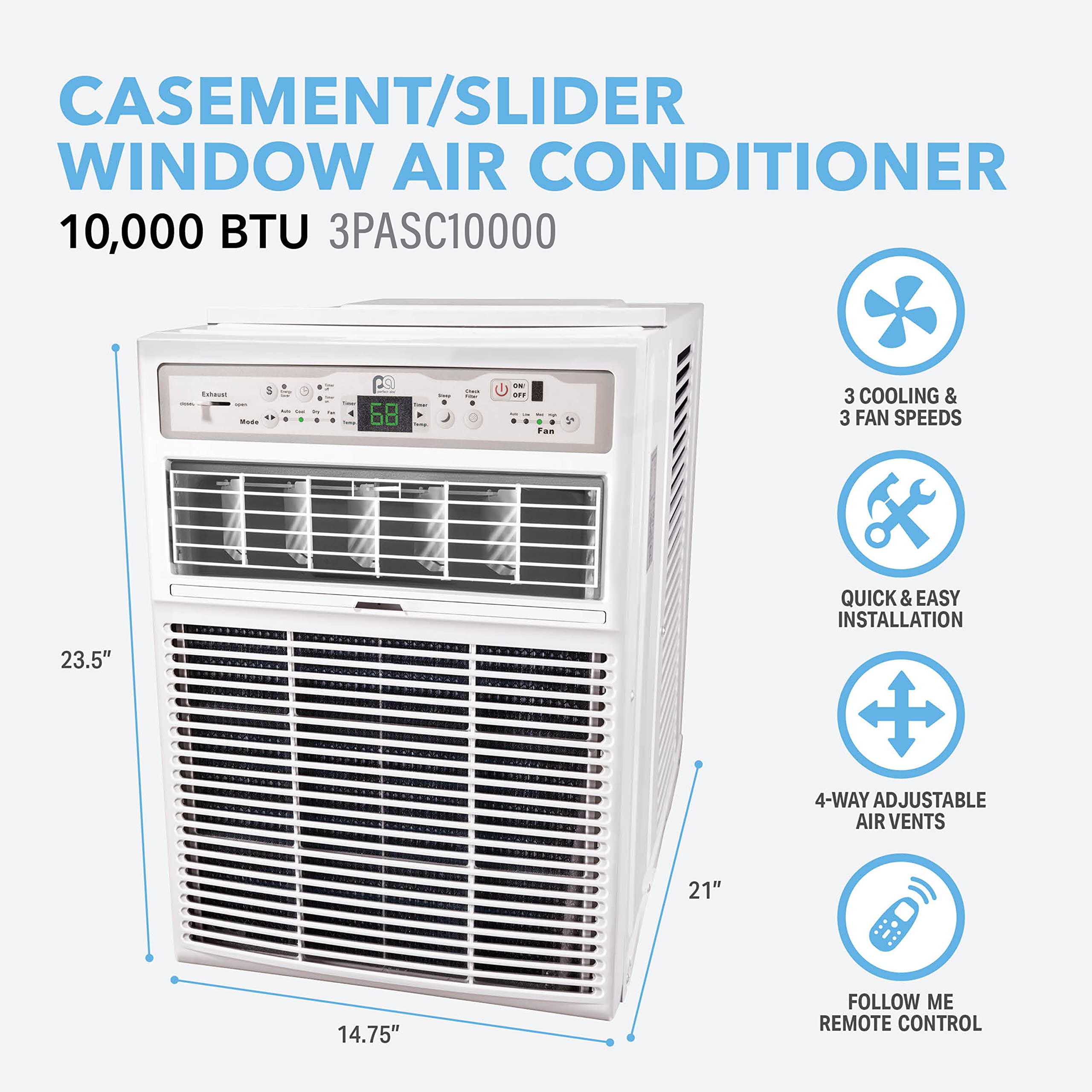 PerfectAire 10,000 BTU Slider Air Conditioner Window A/C - Casement, 10000, Gray