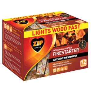 zip all purpose for outdoor and indoor long burn time instant light fire starter ideal for barbecue, grilling, camping, hunting, fishing, tailgating, firepits, fireplace, stove, bonfires, heating 12pk