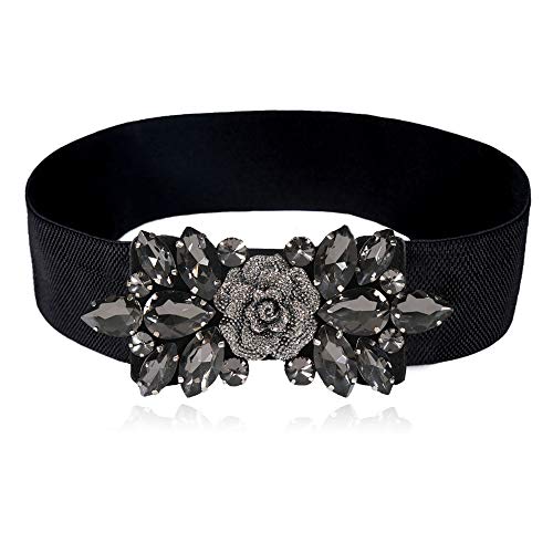 Dorchid Women Retro Belts Rhinestone Cummerbunds Floral Crystal Interlocking Waistband Stretch belt for Female (Black, L-XXL(32~39"))