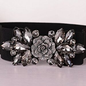 Dorchid Women Retro Belts Rhinestone Cummerbunds Floral Crystal Interlocking Waistband Stretch belt for Female (Black, L-XXL(32~39"))