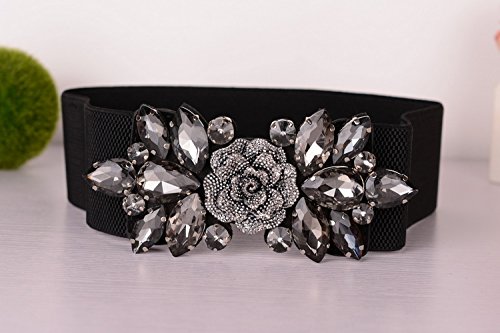 Dorchid Women Retro Belts Rhinestone Cummerbunds Floral Crystal Interlocking Waistband Stretch belt for Female (Black, L-XXL(32~39"))