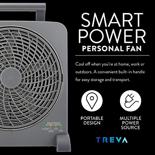 Treva 10 inch Rechargeable Portable Fan Smart Power Air Circulator. Plug-In AC Adapter and Battery Powered, USB Charging Port, For Camping Travel and Indoors Use