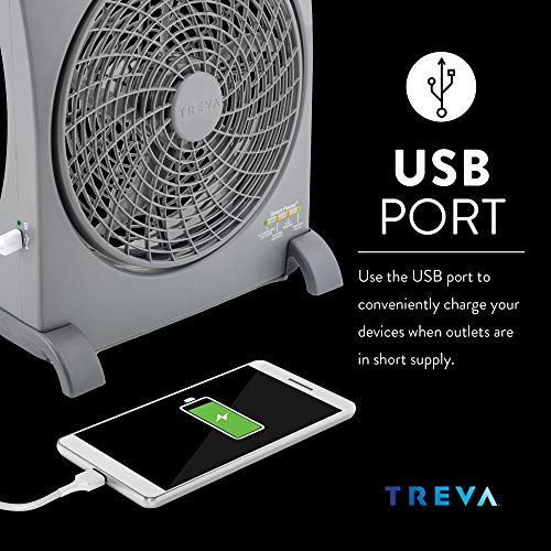 Treva 10 inch Rechargeable Portable Fan Smart Power Air Circulator. Plug-In AC Adapter and Battery Powered, USB Charging Port, For Camping Travel and Indoors Use