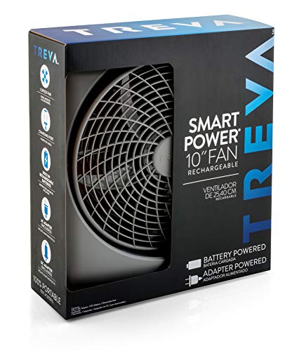 Treva 10 inch Rechargeable Portable Fan Smart Power Air Circulator. Plug-In AC Adapter and Battery Powered, USB Charging Port, For Camping Travel and Indoors Use