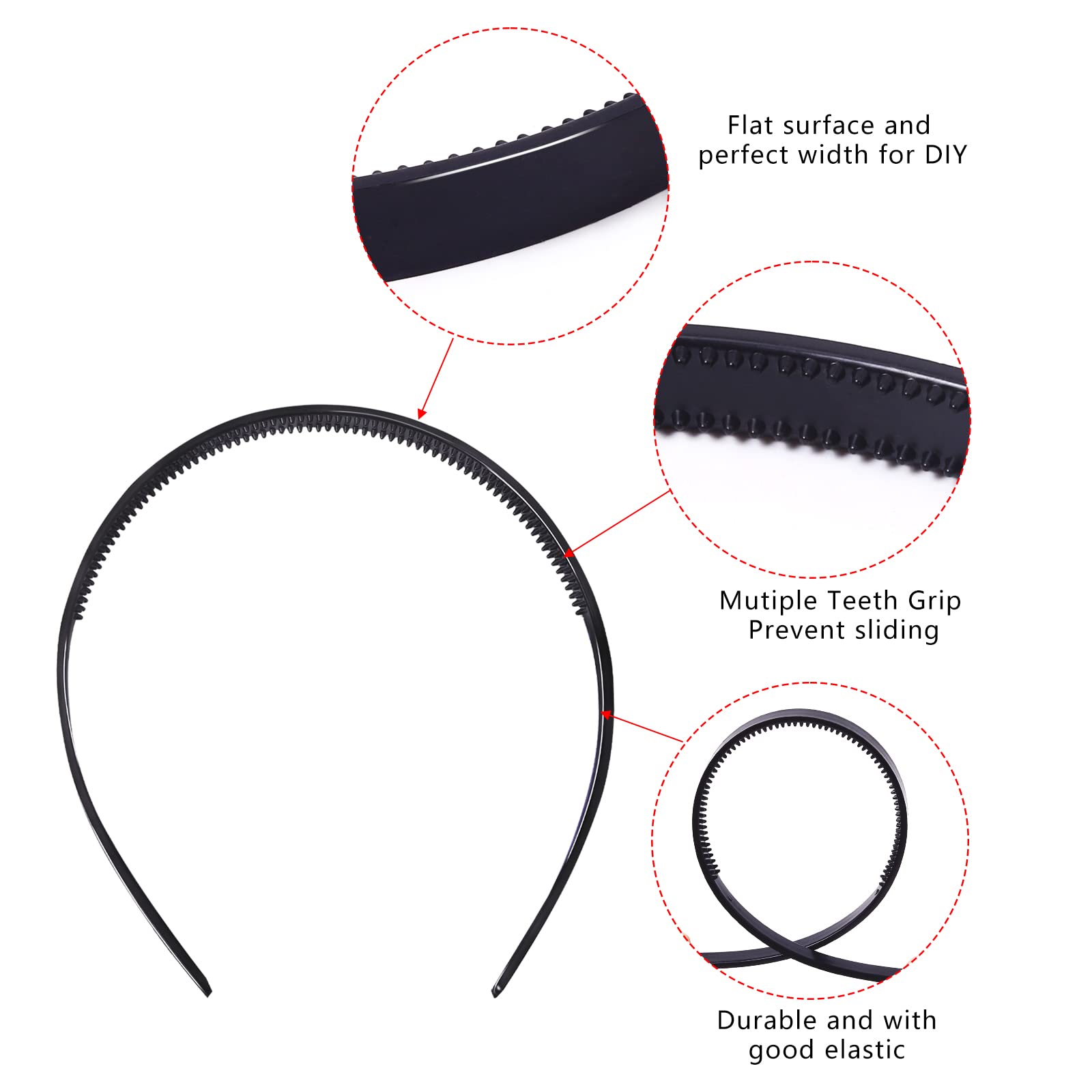 Candygirl 36pcs Black Plastic Headbands for Womens Girls Thin Plain DIY Craft Head Band Skinny Hard Hairband with Teeth Comb 2/5"(1cm) Width