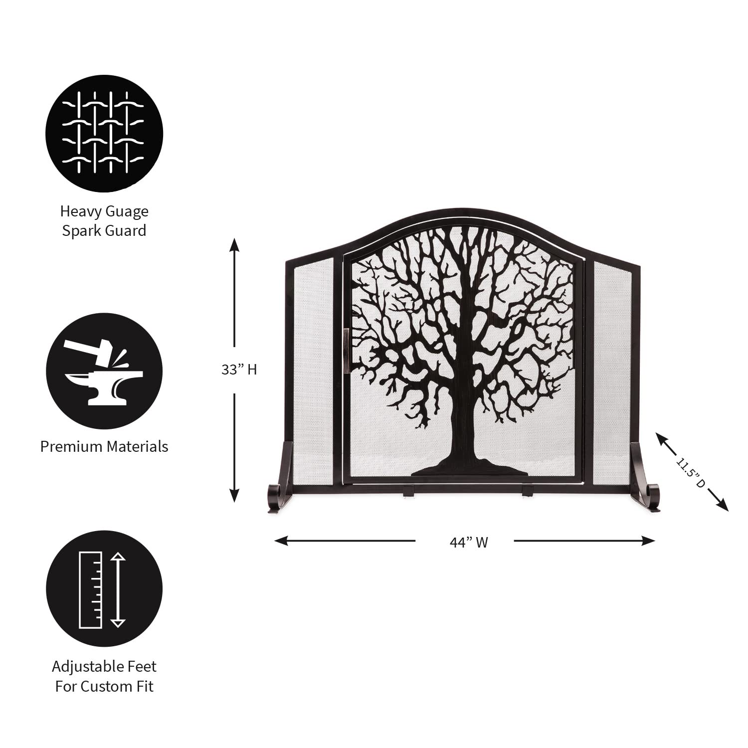 Plow & Hearth Metal Fireplace Screen Tree of Life Black | 44" W x 33" H | Flatguard | Spark Guard Grate | Iron Fire Place Cover | Wood Stove Accessories