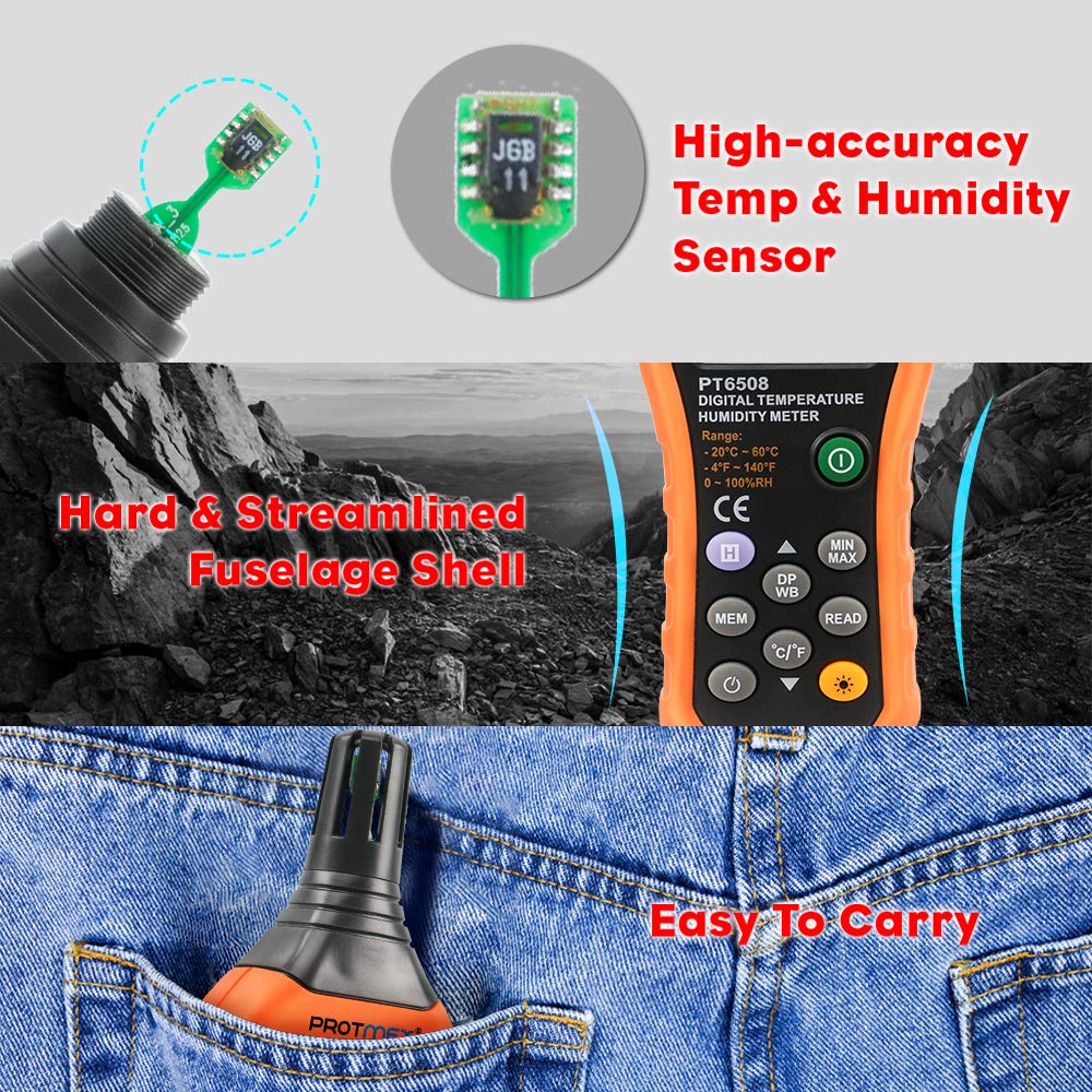 Protmex PT6508 Temperature Humidity Meter, Digital Thermometer Hygrometer Monitor with Ambient, Dew Point, Wet Bulb for Indoor/Outdoor MIN, MAX, Data Hold, LCD Backlight