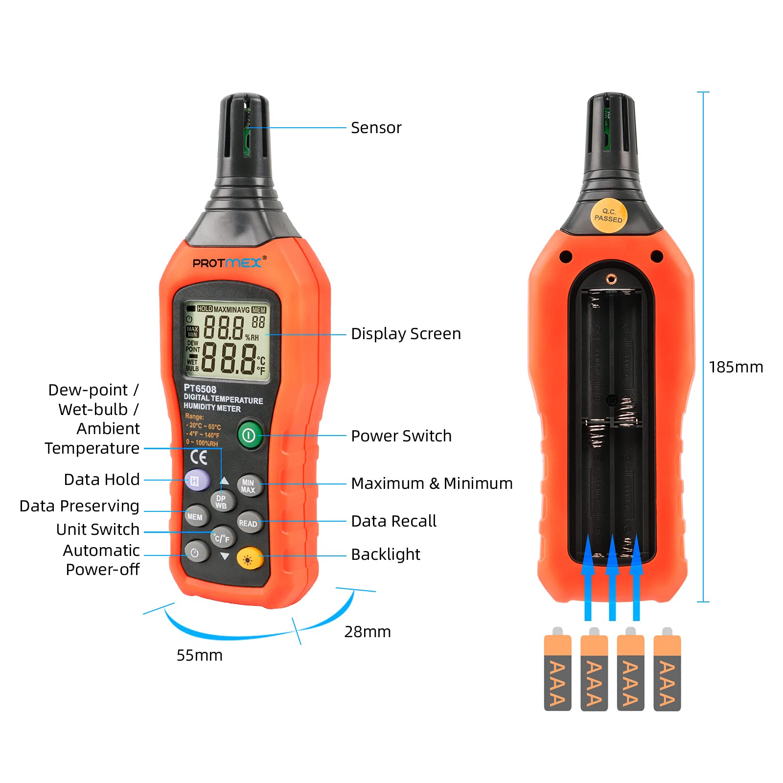 Protmex PT6508 Temperature Humidity Meter, Digital Thermometer Hygrometer Monitor with Ambient, Dew Point, Wet Bulb for Indoor/Outdoor MIN, MAX, Data Hold, LCD Backlight