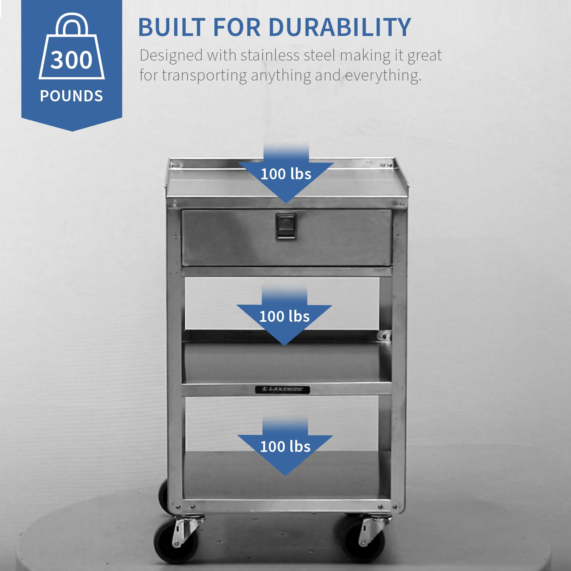 Lakeside Manufacturing 356 Mobile Equipment Stand, Stainless Steel, 3 Shelves and 1 Drawer, 300 lb. Capacity (Fully Assembled)