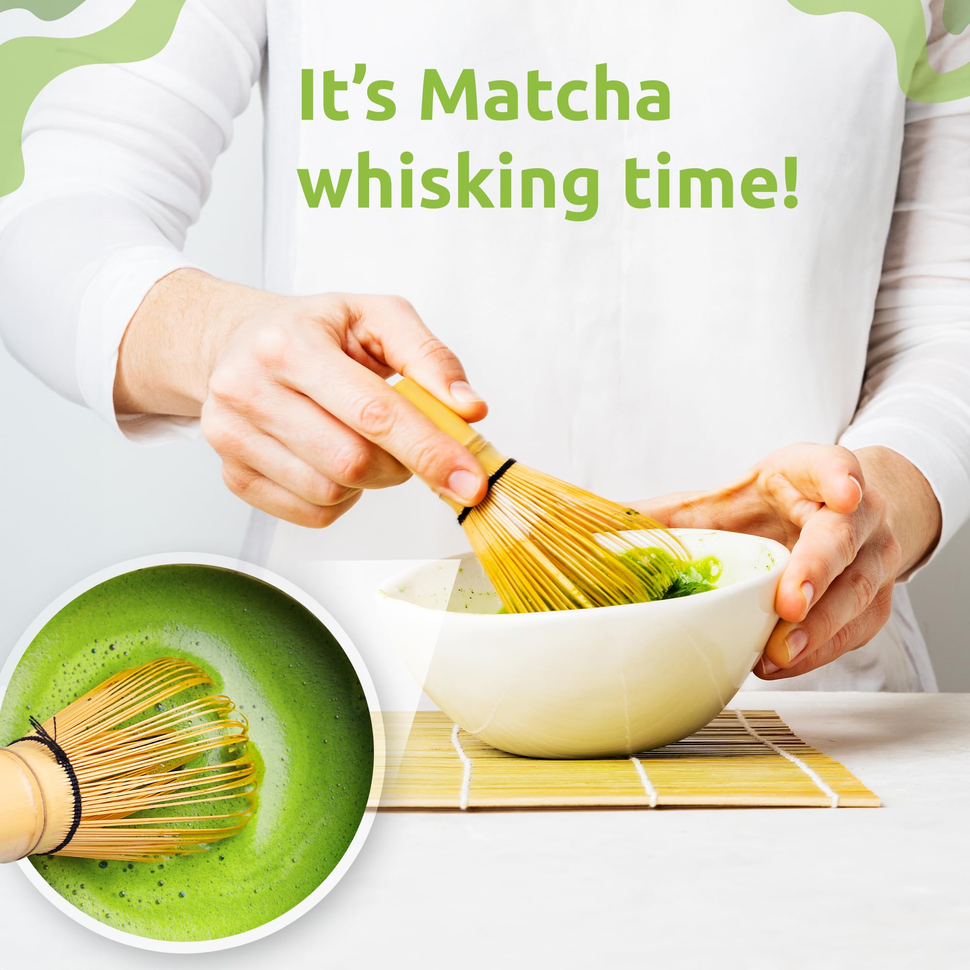 Bamboo Matcha Whisk with Bamboo Spoon and Hooked Bamboo Scoop (Chashaku) Set by MATCHA DNA - Traditional Matcha Whisk Made from Durable and Sustainable Golden Bamboo for Matcha Tea Preparation