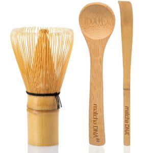 bamboo matcha whisk with bamboo spoon and hooked bamboo scoop (chashaku) set by matcha dna - traditional matcha whisk made from durable and sustainable golden bamboo for matcha tea preparation