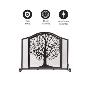 Plow & Hearth Metal Fireplace Screen Tree of Life Black | 44" W x 33" H | Flatguard | Spark Guard Grate | Iron Fire Place Cover | Wood Stove Accessories